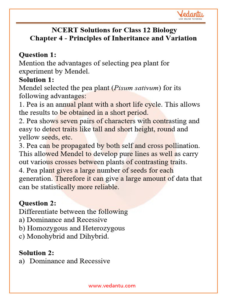 NCERT Solutions Class 12 Biology Principles of Inheritance and Variation | PDF