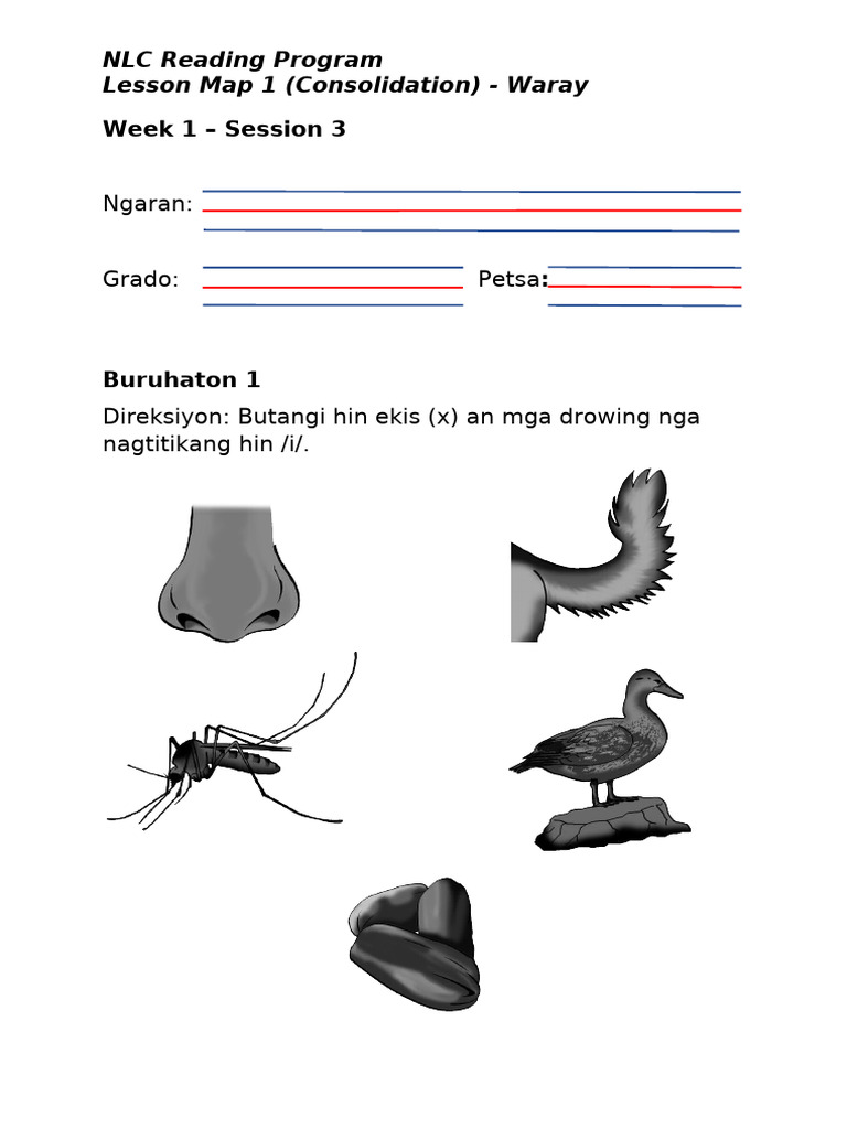 NLC Waray Grade 1 Worksheets - Wk1S3 | PDF