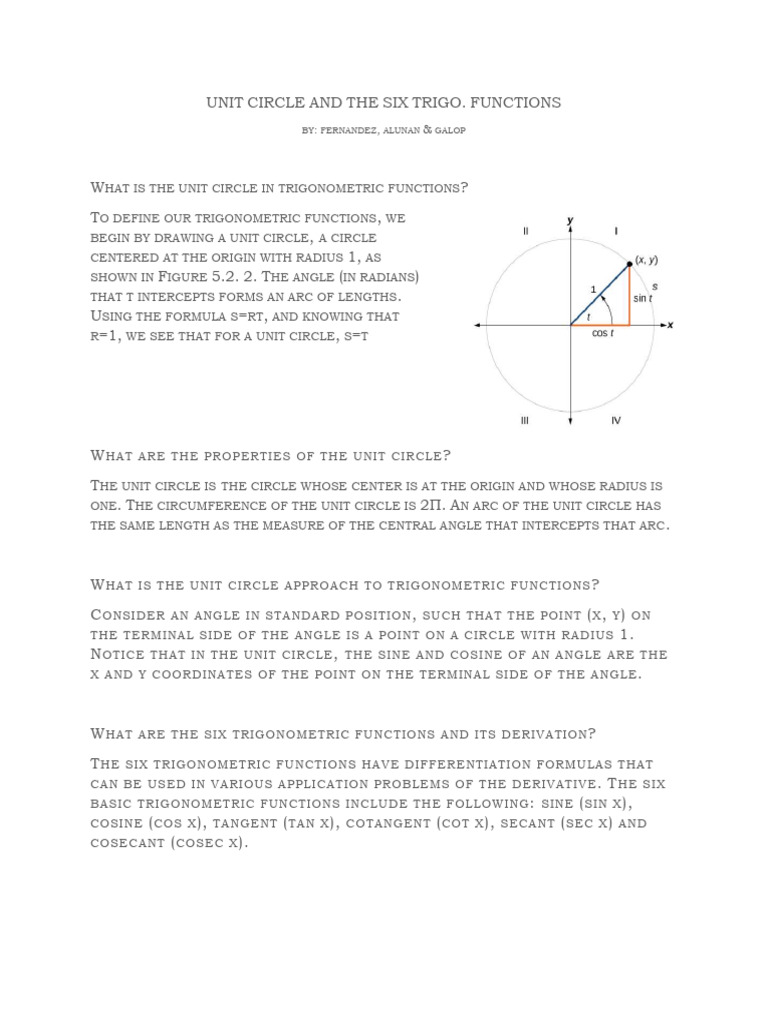 Unit Circle and The Six Trigonometric Functions | PDF