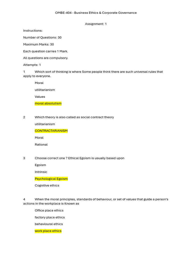 OMBE-404 - Business Ethics & Corporate Governance | PDF | Business Ethics | Corporate Social ...