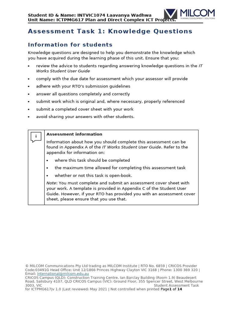 ICTPMG617 - Assessment Task 1-INTVIC1074 | PDF