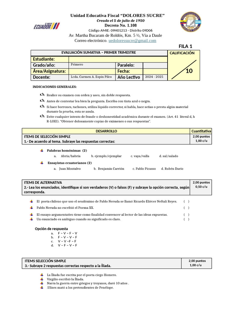 Fila 1- 1r0 Examen 1er . t. 2024 | PDF