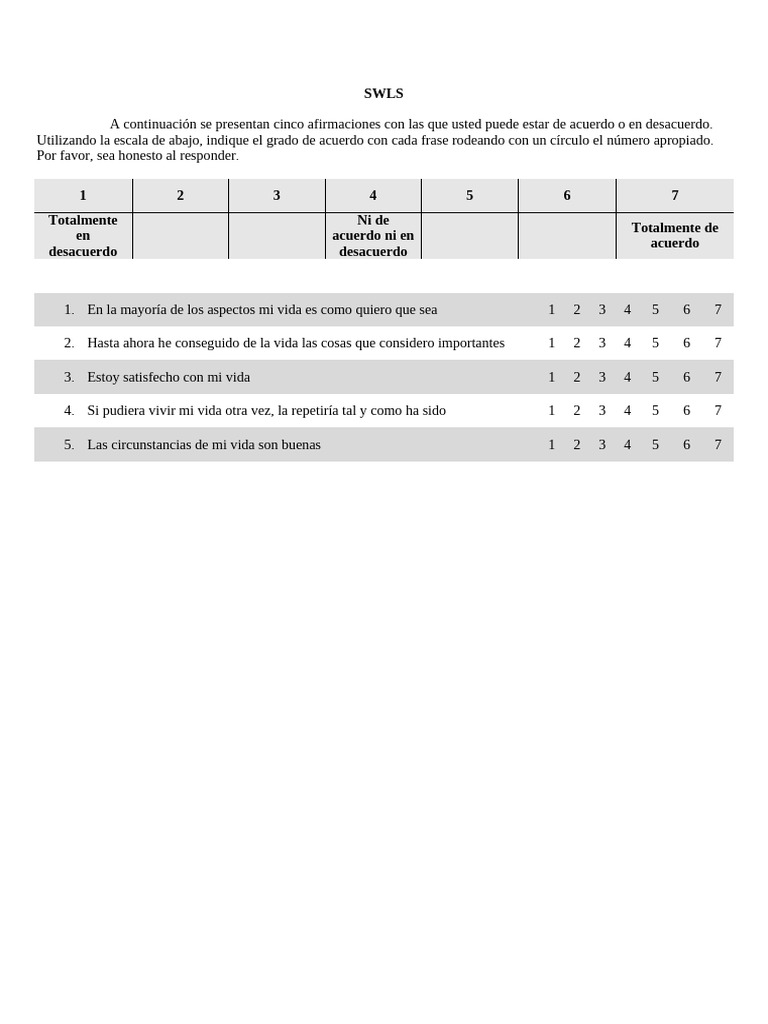 SWLS - Escala de Satisfacción Vital | PDF