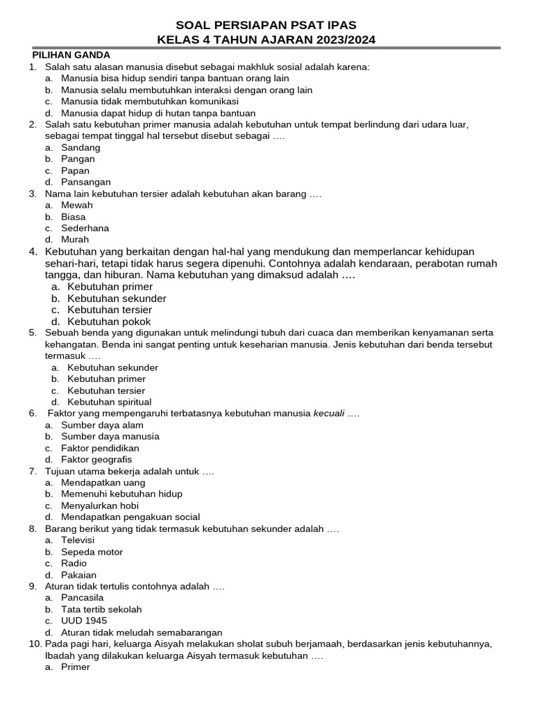 Soal Persiapan Psat Ipas Kelas 4 | PDF
