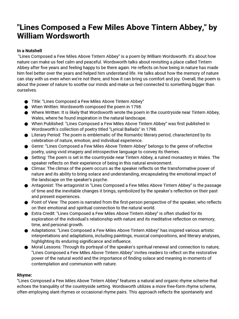 Lines Composed A Few Miles Above Tintern Abbey, - by William Wordsworth ...