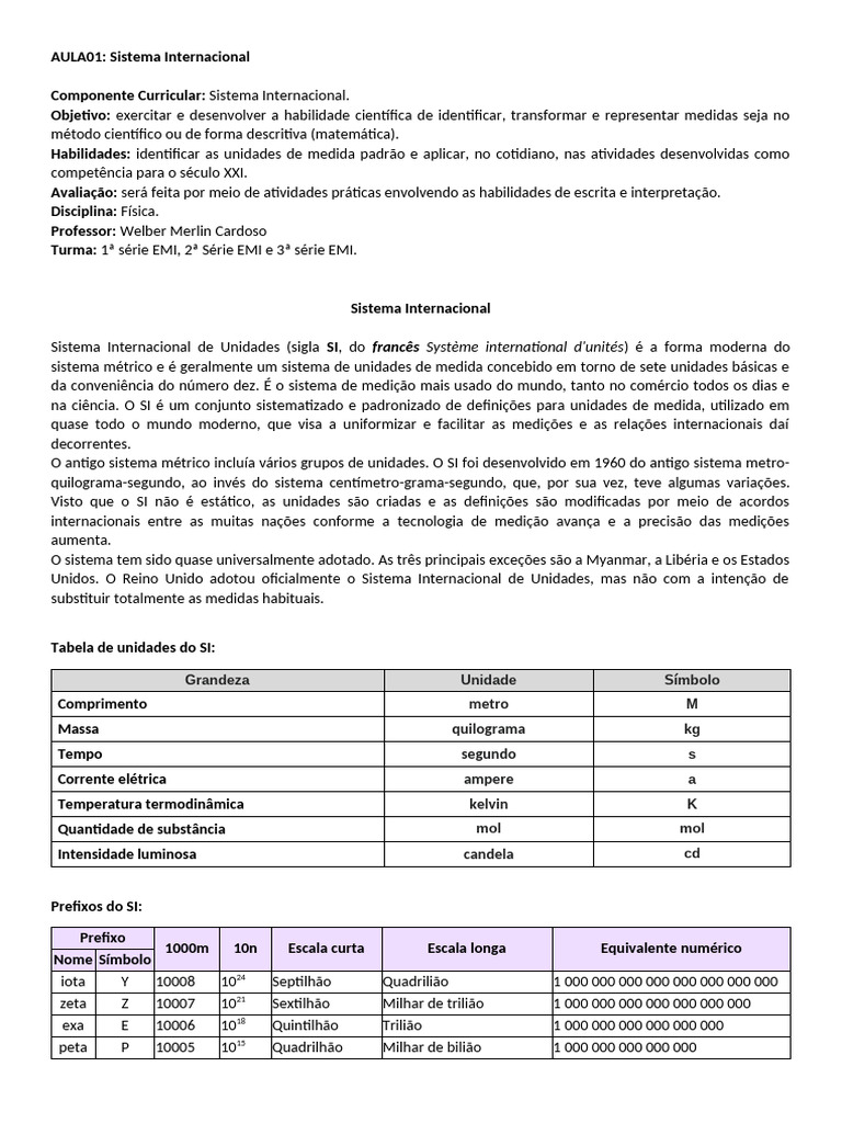 AULA 01 - Sistema Internacional | PDF | Sistema Internacional de Unidades | Ciencia y matemáticas