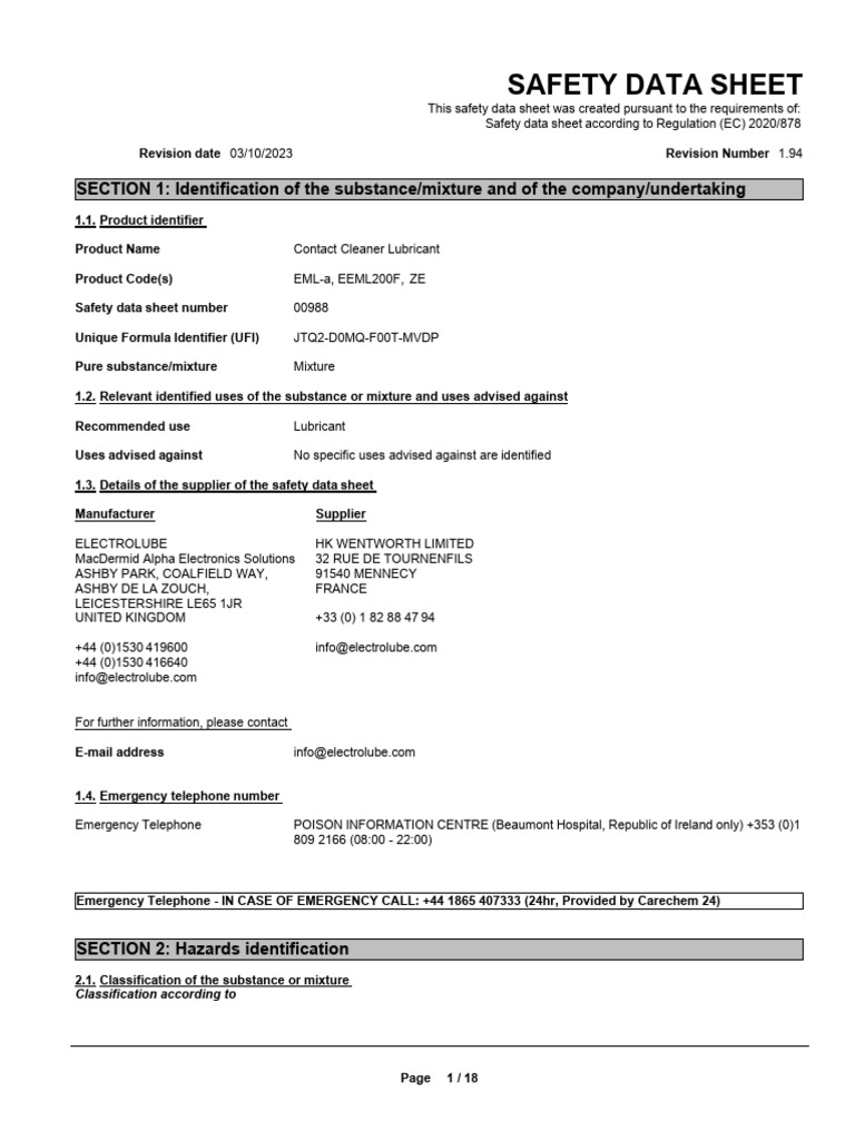 MSDS Contact Cleaner | PDF