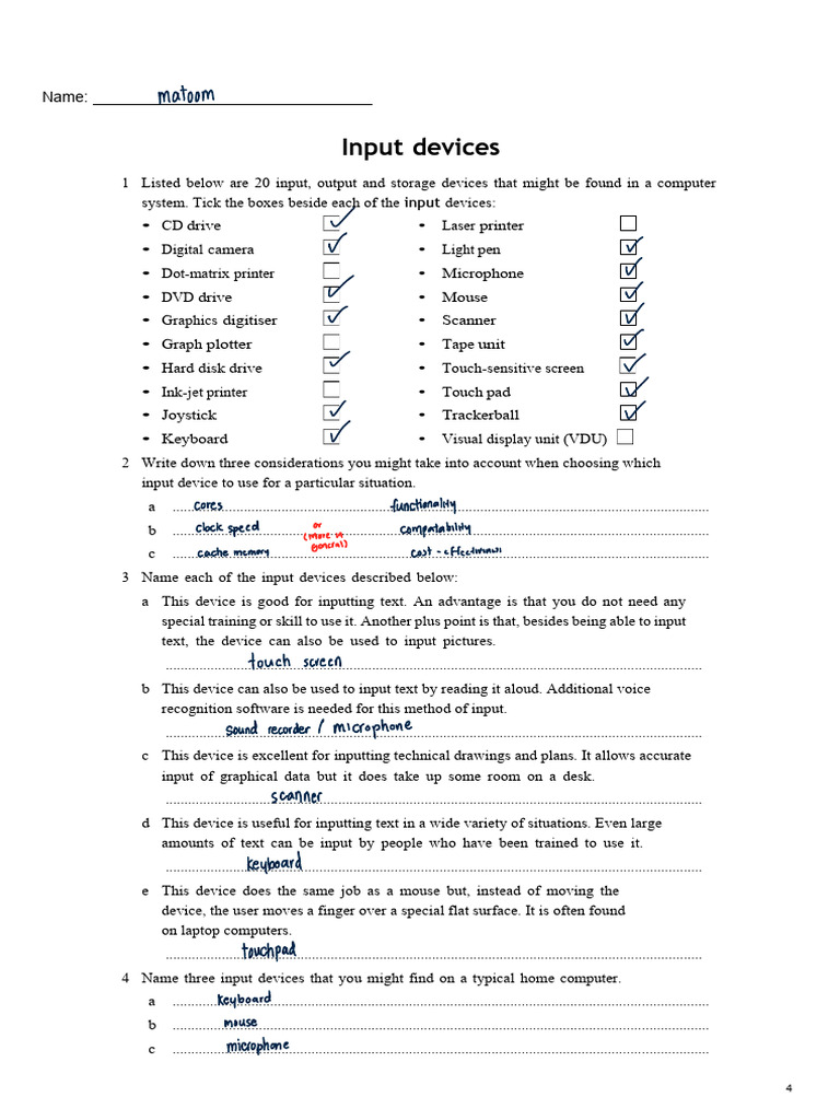Worksheet 1 - Input Devices and FDE Cycle | PDF