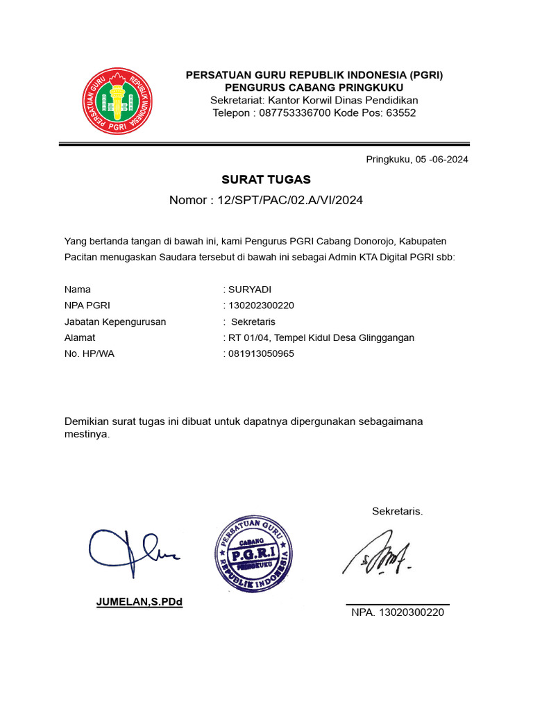 Surat Tugas Admin KTA Digital PGRI | PDF