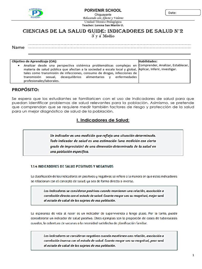 GUIA DE APRENDIZAJE Ciencias de La Salud 3° 4° Medio 2024 Indicadores de Salud N°2 | PDF