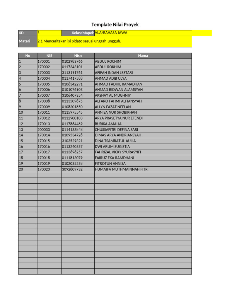 Template Nilai Proyek-VI.a-baHASA JAWA | PDF