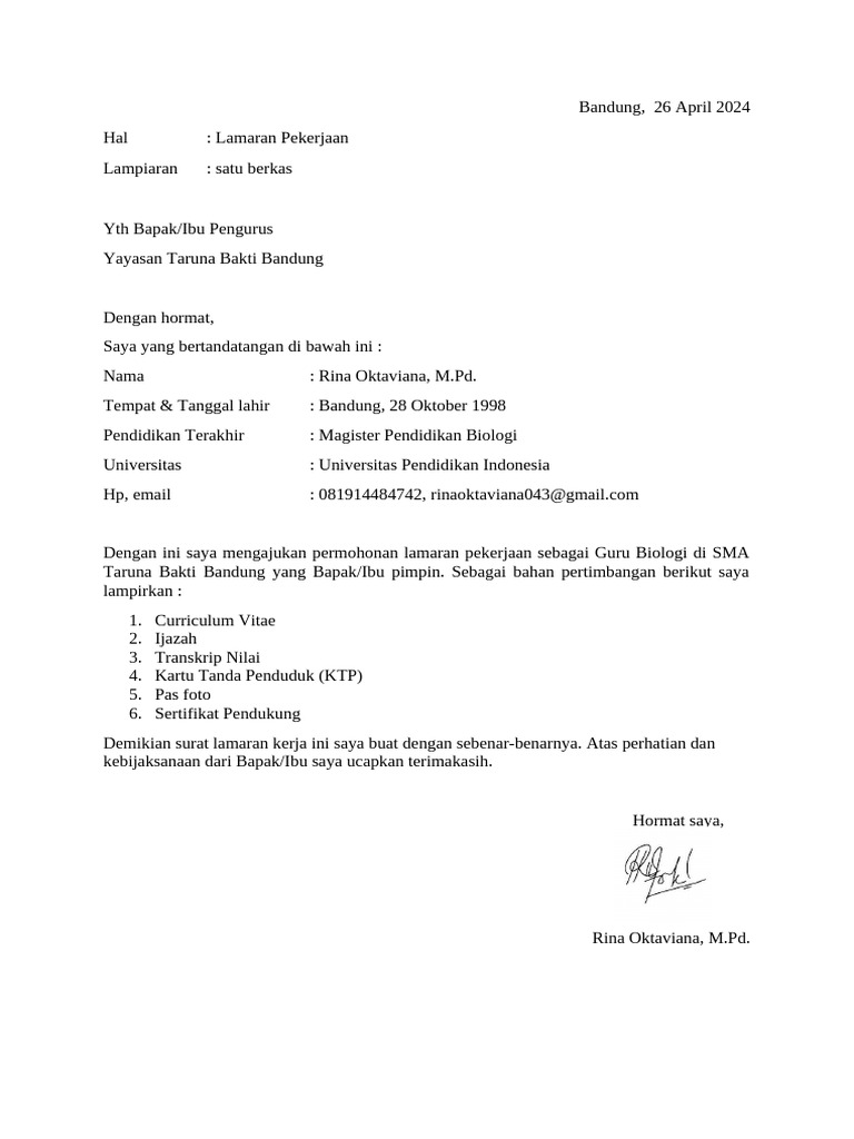 Surat Lamaran Darul Hikam | PDF