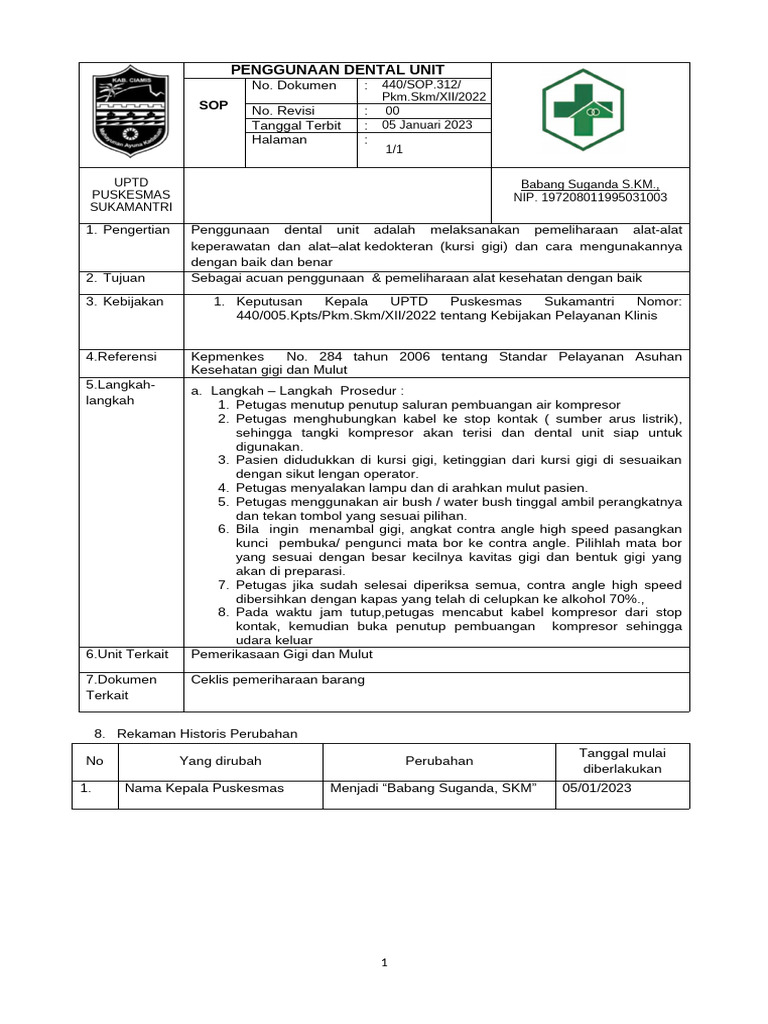 Sop Penggunaan Dental Unit | PDF