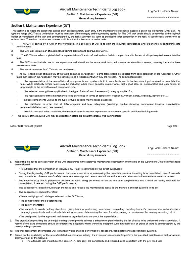 Aircraft Maintenance Technician's Log Book: Section 5. Maintenance ...