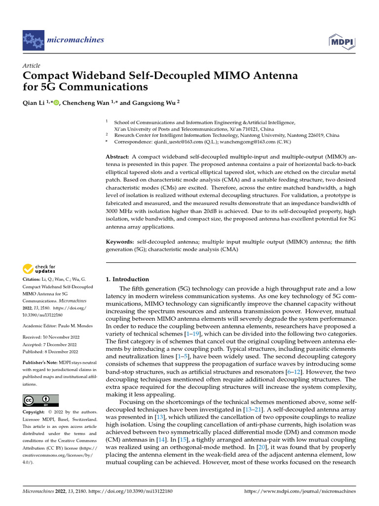 Compact Wideband Self-Decoupled MIMO Antenna For 5G Communications | PDF