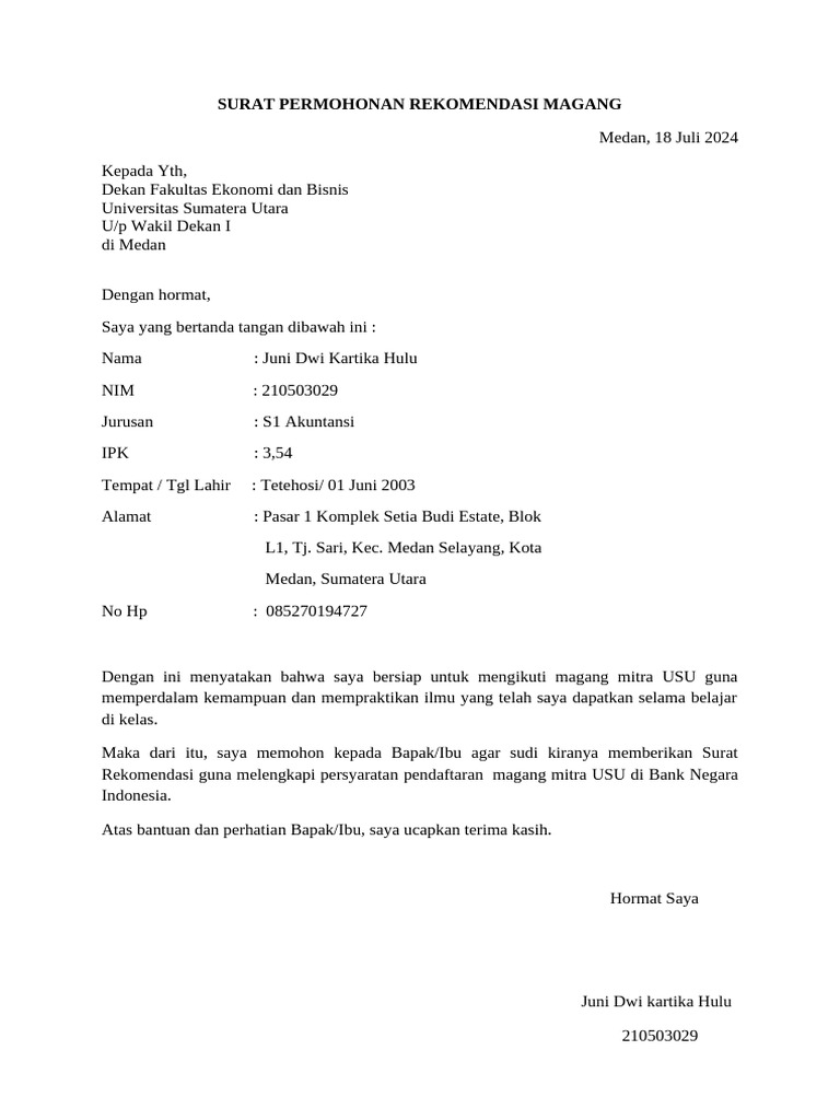 Surat Permohonan Rekomendasi Magang | PDF