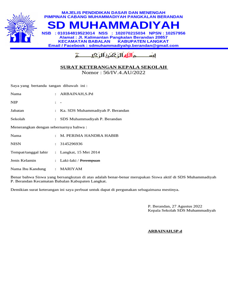 Surat Keterangan Kepsek Aktif Sekolah | PDF