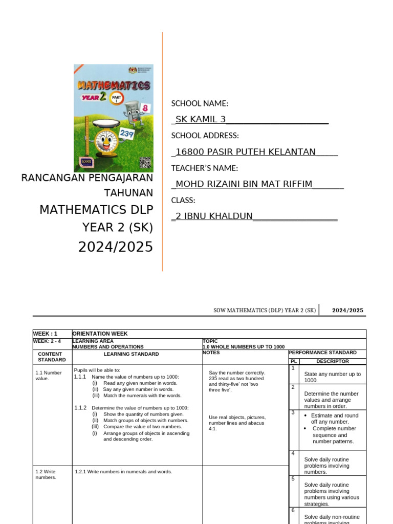 RPT Math DLP Year 2 (SK) 2024-2025 | PDF