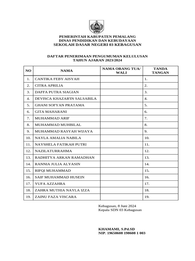 Daftar Penerimaan Pengumuman Kelulusan | PDF