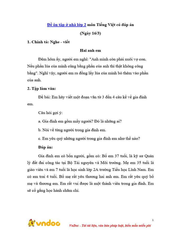 Bo de On Tap o Nha Mon Tieng Viet Lop 2 Co Dap An | PDF