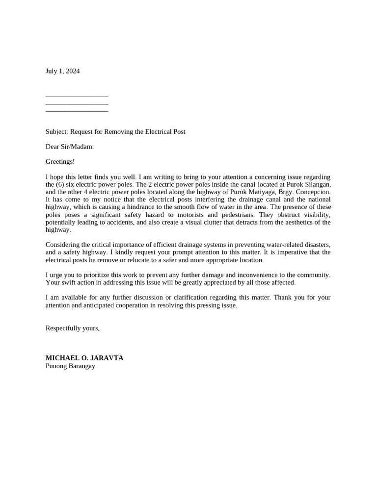 Request for Removal of Electric Poles | PDF | Home & Garden