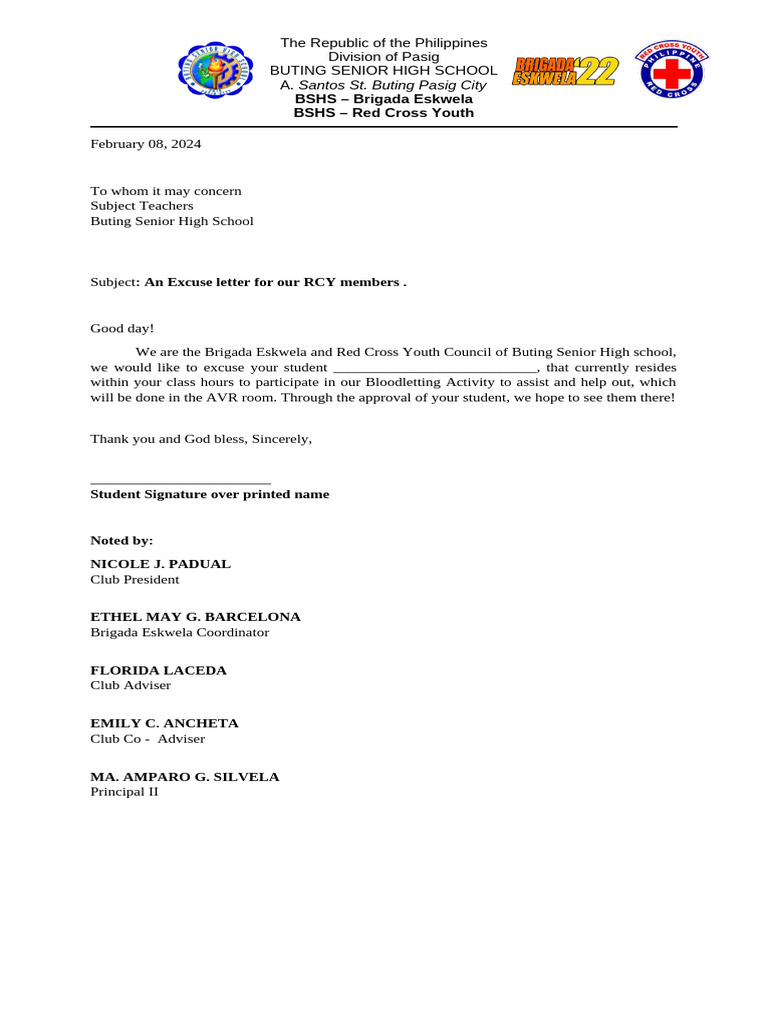 Excuse Letter For The RCY Volunteers | PDF