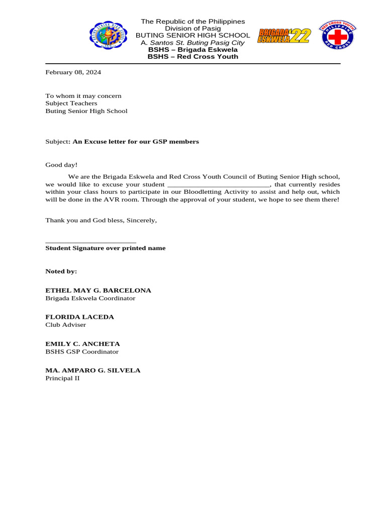Excuse Letter For The GSP, RS & SS Volunteers | PDF