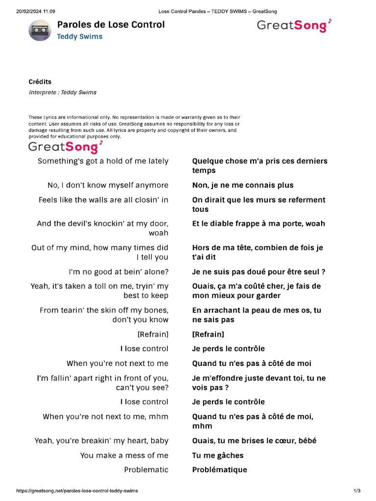 Teddy Swims I Lose Control | PDF