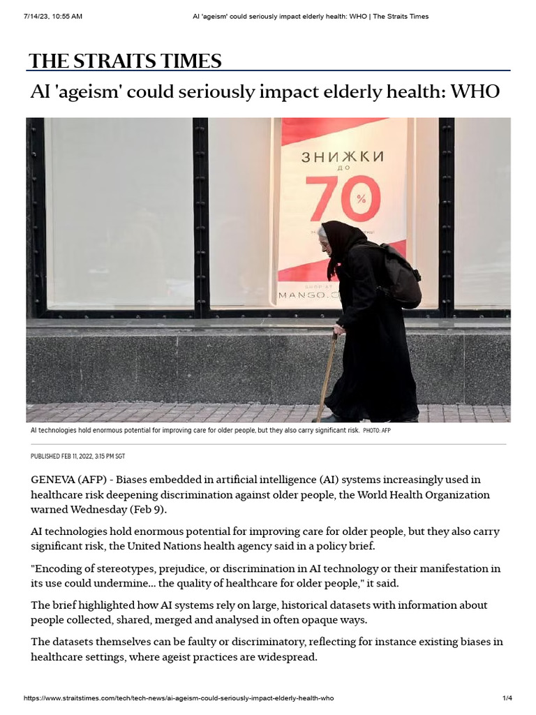 AI 'ageism' could seriously impact elderly health_ WHO _ The Straits ...