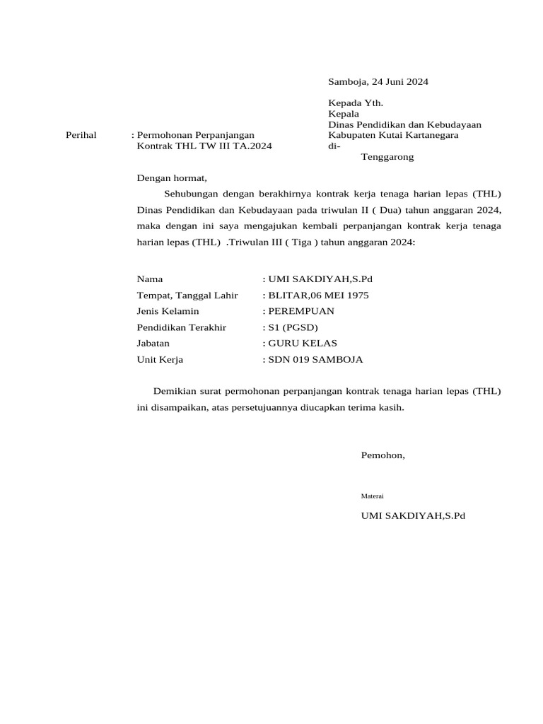 PERPANJANGAN PERMOHONAN THL TW II 2024 Punya Ibu Umi | PDF