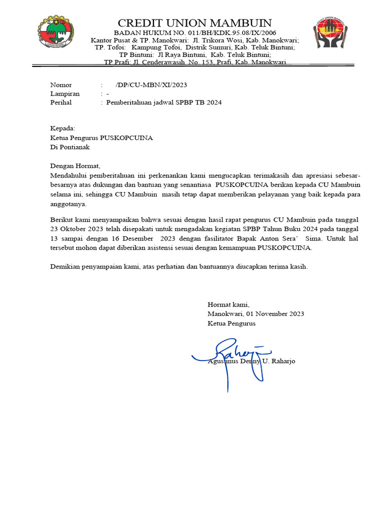 Surat Pemberitahuan SPBP TB 2024 | PDF