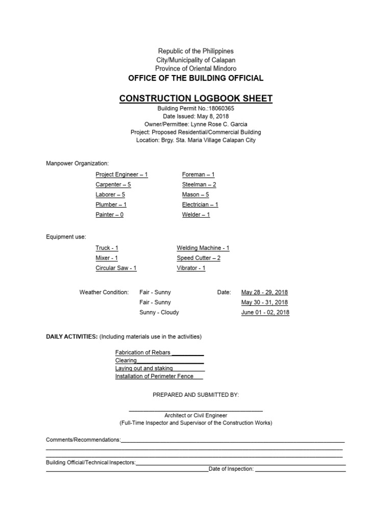 Construction Logbook Sheet Sampled | PDF