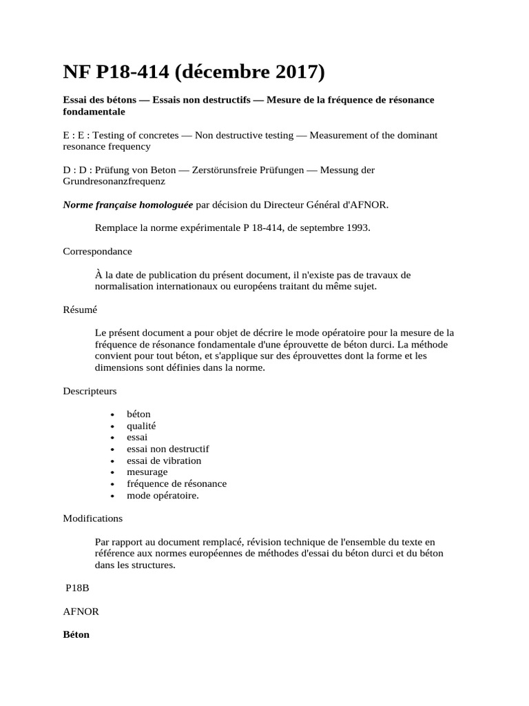 NF P18 414 Essais Non Destructifs - Mesure de La Fréquence de Résonance Fondamentale | PDF