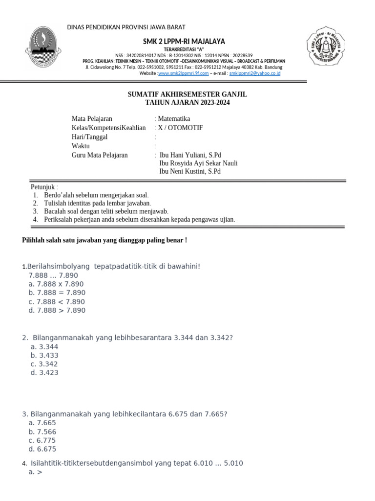 FORMAT SOAL SAS Ganjil 2023-2024 NEW | PDF