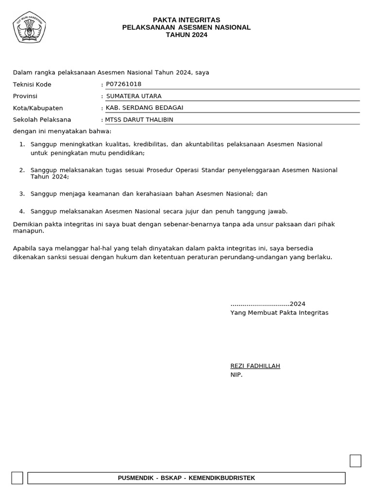PAKTA INTEGRITAS ANBK MTS TEKNISI - Tahun 2024 | PDF