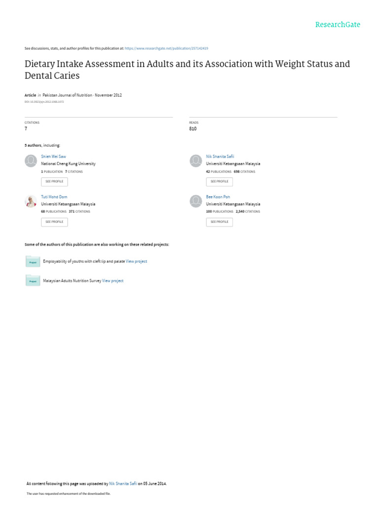 Dietary Intake Assessment in Adults and Its | PDF