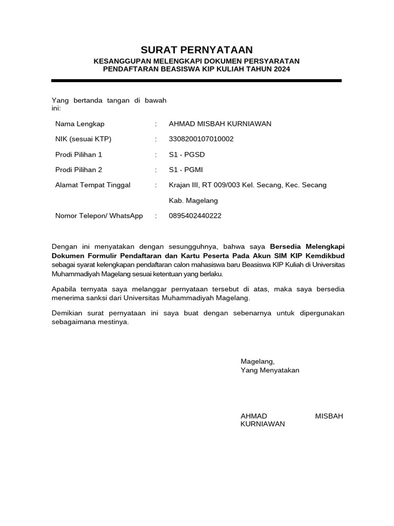 Surat-Pernyataan-Melengkapi Dokumen Pendaftaran Beasiswa Kip K Unimma TH 2024 | PDF