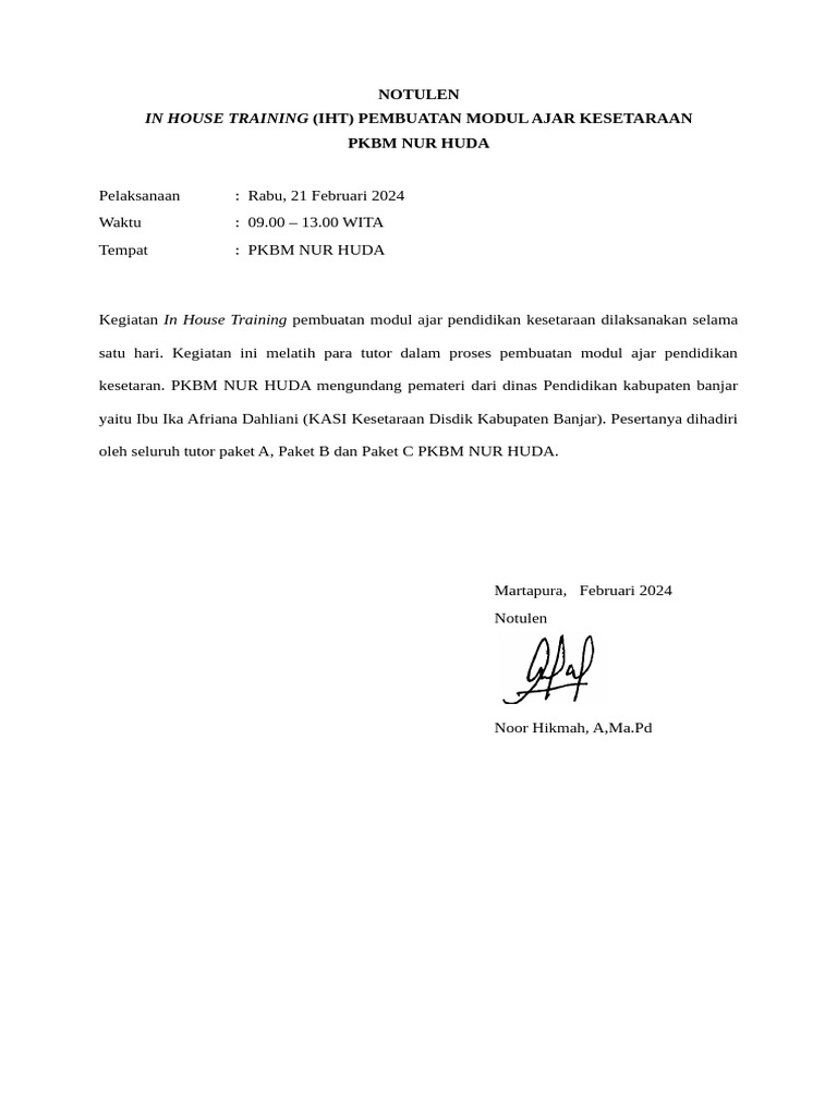 Notulen in House Training (Iht) | PDF