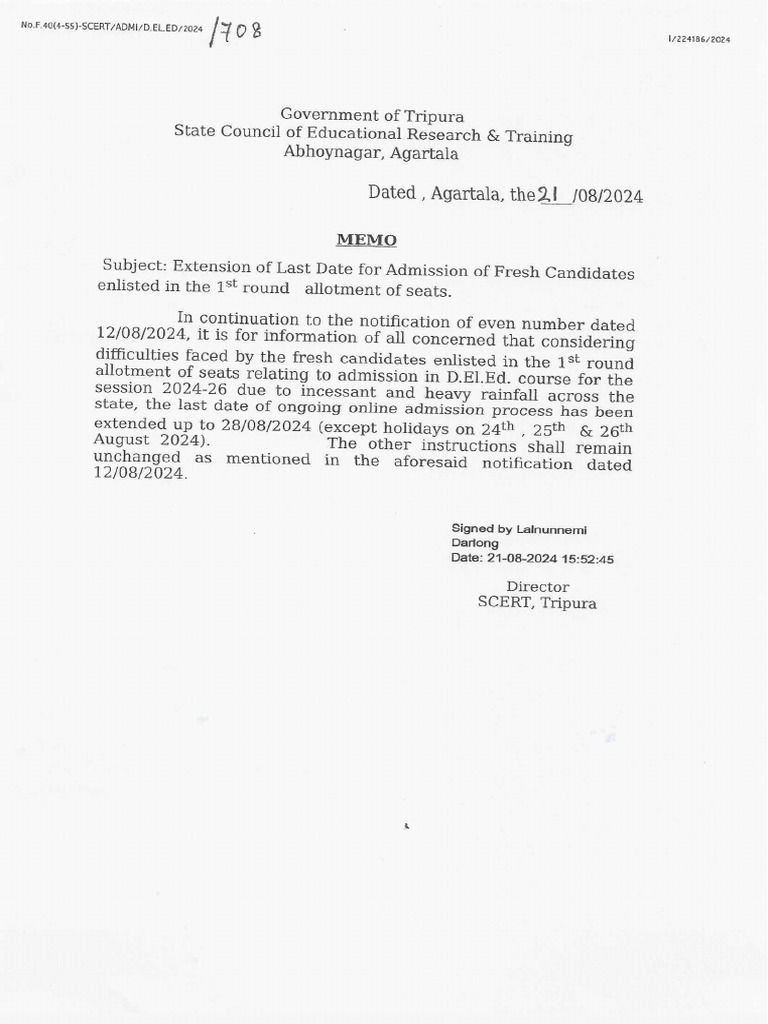 Memo Regarding Extension of Dates For Admission of Fresh Candidates | PDF