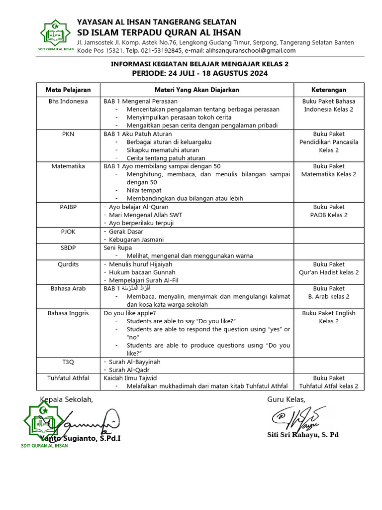 INFO KBM KELAS 2 (24 Juli - 18 Agust 2024) | PDF