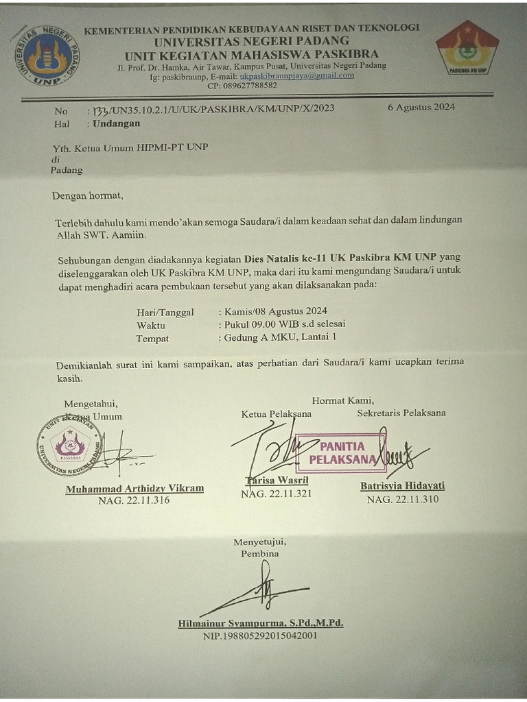 SURAT UNDANGAN DIES NATALIES HIPMI-PT UNP | PDF