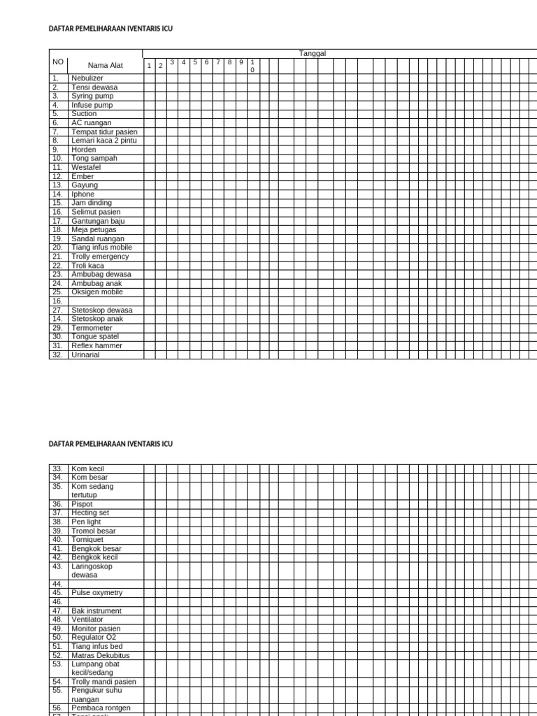 Ceklis Pemeliharaan Alkes Icu | PDF