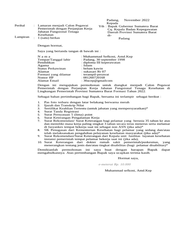 Contoh Surat Lamaran Dan Surat Pernyataan 5 Point PPPK Tenaga Kesehatan-1 | PDF