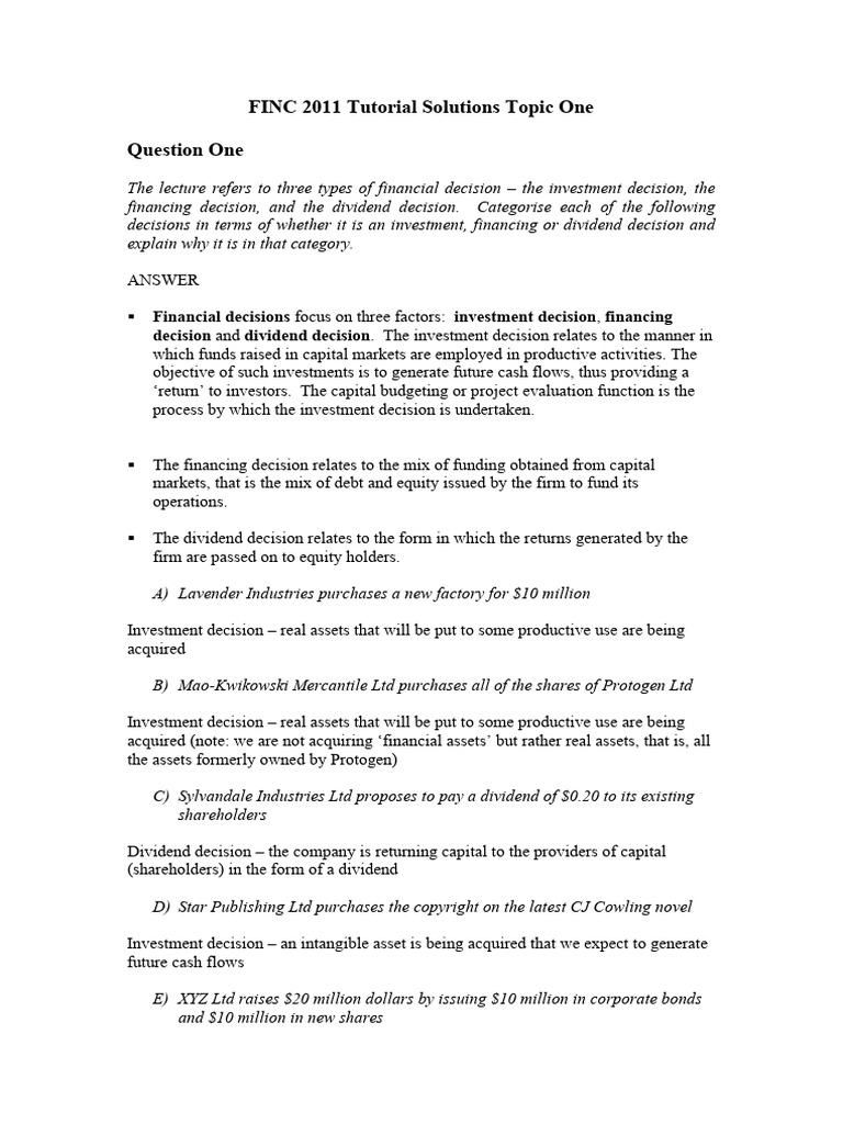 + Topic 1 FINC 2011 Tutorial Solutions | PDF
