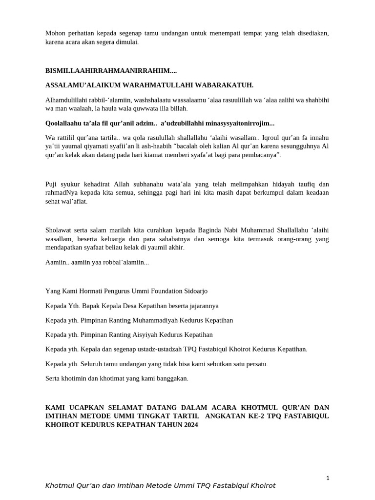 Teks MC Khotmul Qur'an Dan Imtihan | PDF | Agama & Spiritualitas | Seni