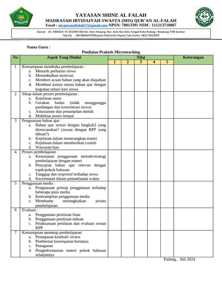 Format Penilaian Praktek Microteaching | PDF