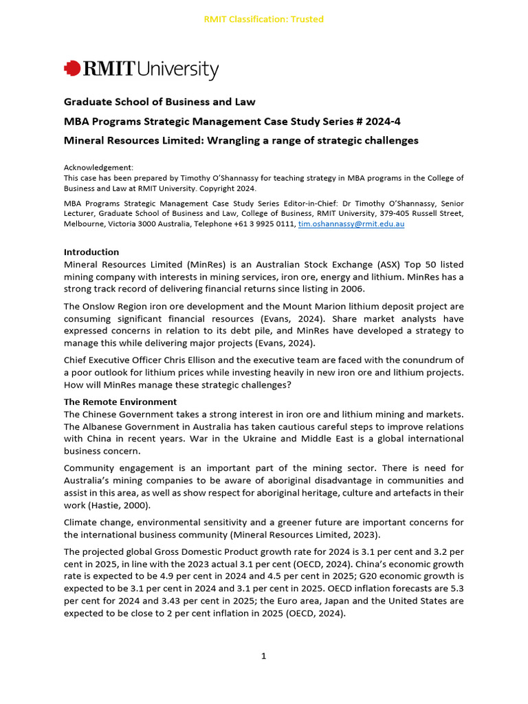 RMIT University Strategic Management Case Study Series Mineral ...