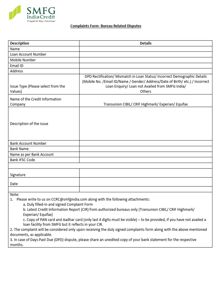 Complaints Form Bureau Disputes SMICC | PDF