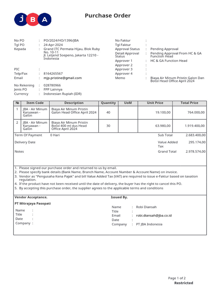 PO Air PT. Mitrajaya Pasopati April 24 | PDF