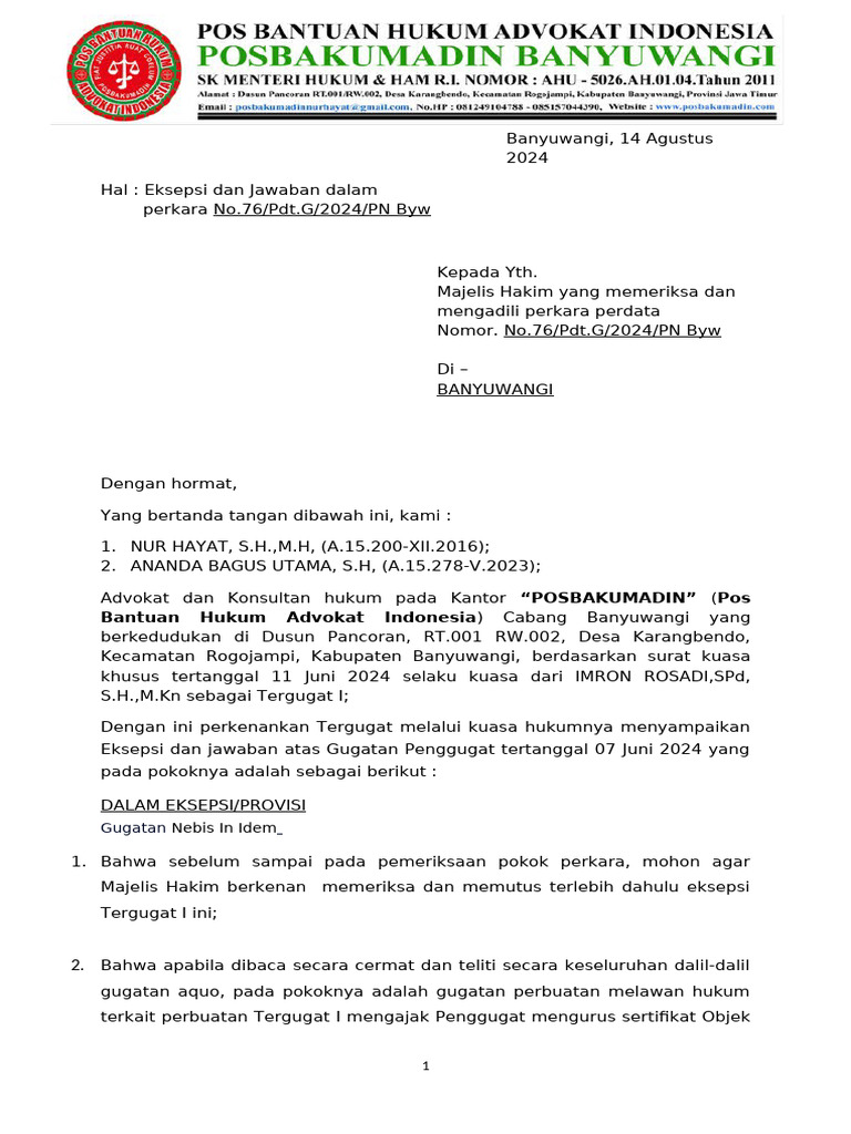 Eksepsi Dan Jawaban Imron Rosadi | PDF